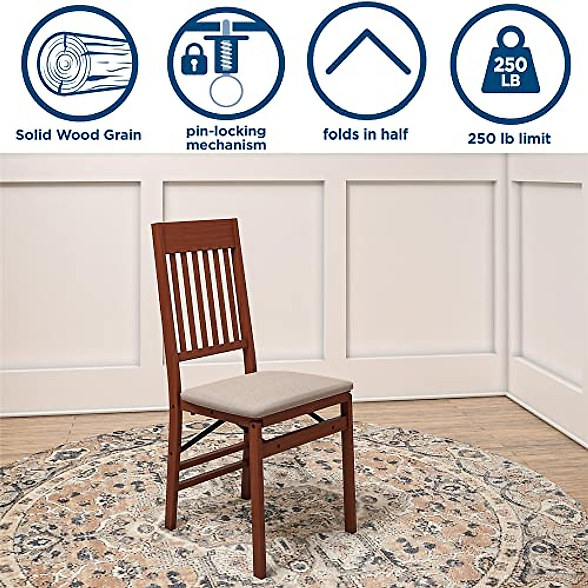 CoscoProducts COSCO Mission Back Solid Wood Folding Chair with Thick Fabric Padded, Walnut, 2-Pack, Triple Braced with Locking Mechanism, for Everyday Dining or Extra Seating