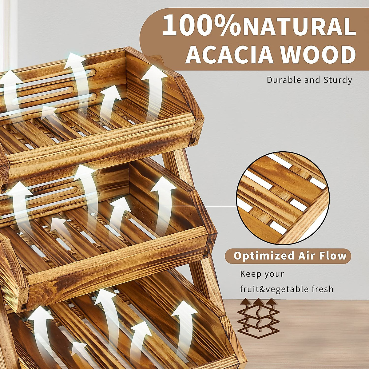 Wooden 3 Tier Fruit Basket for Kitchen, Fruit Stand for Kitchen Countertop, Vegetable Produce Bread Storage Holder, Kitchen Organization Perfect for Produce, Home Storage, and Display(Self-assembly)