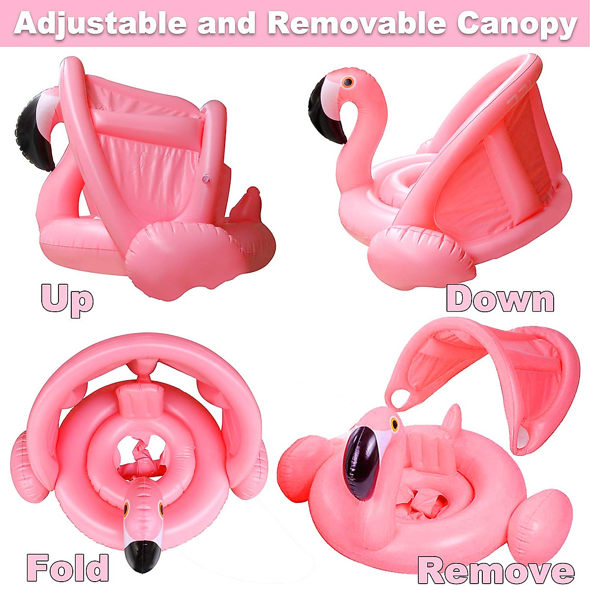 Flamingo Baby Swimming Ring with UPF 50+ Canopy Back Holder & Wings Airbag Never Flip Over, Inflatable Baby Pool Float Sunshade for 8-36 Months Infant Toddler Beach Water Toys Summer Luau Party Favors