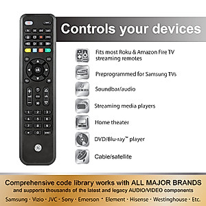 GE Universal Remote Control with Roku or Fire TV Streaming Remote Compartment, use with Samsung, Vizio, LG, Sony, Sharp, Apple TV, TCL, Smart TVs, Streaming Players, Blu-ray, DVD, 4-Device, 59046