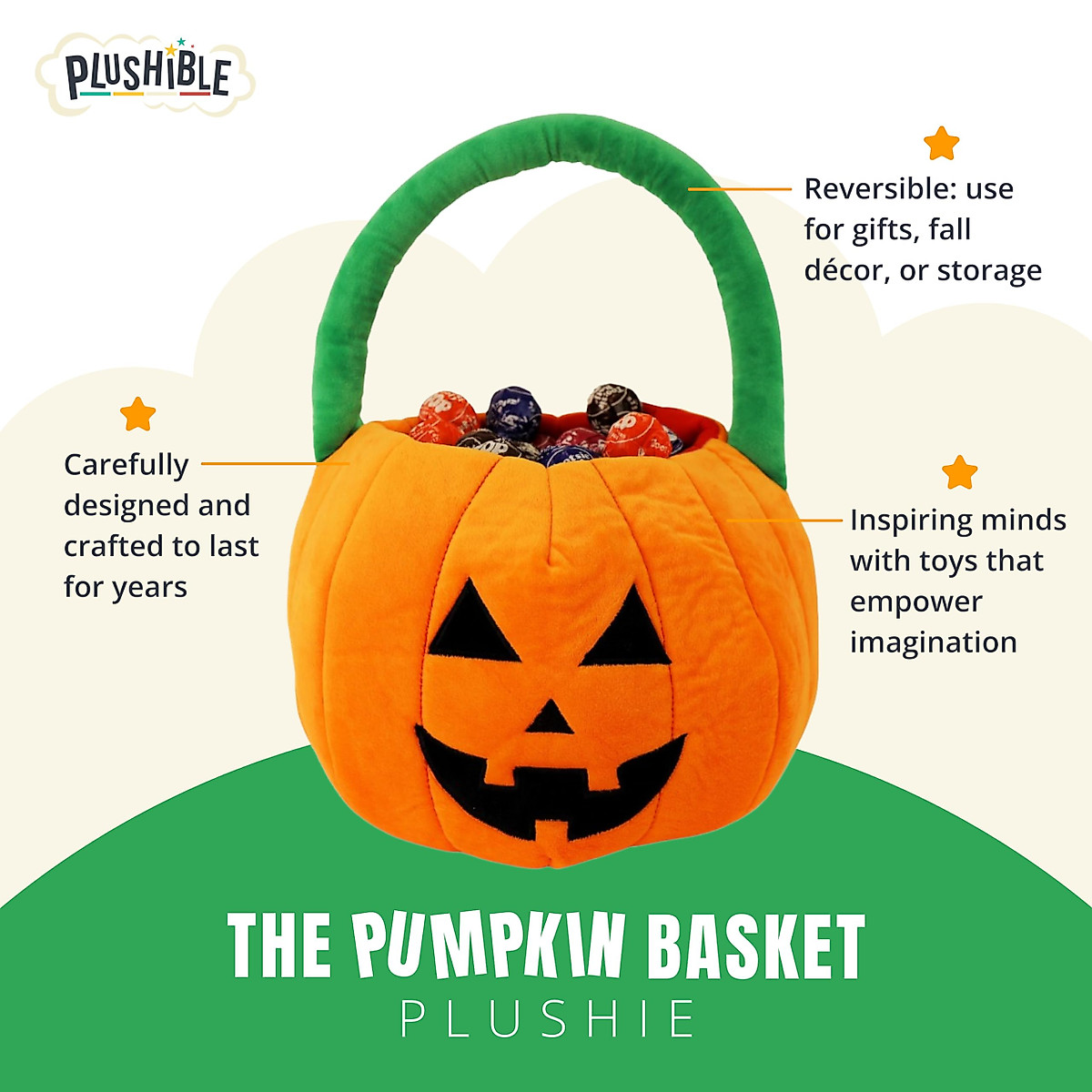 Plushible Halloween Candy Bags - Plush Trick or Treat Bucket - Pumpkin Tote for Kids & Toddler Candy Treats - Large Halloween Buckets - Cloth Halloween Baskets - Orange Pumpkin Basket & Goodies Bag
