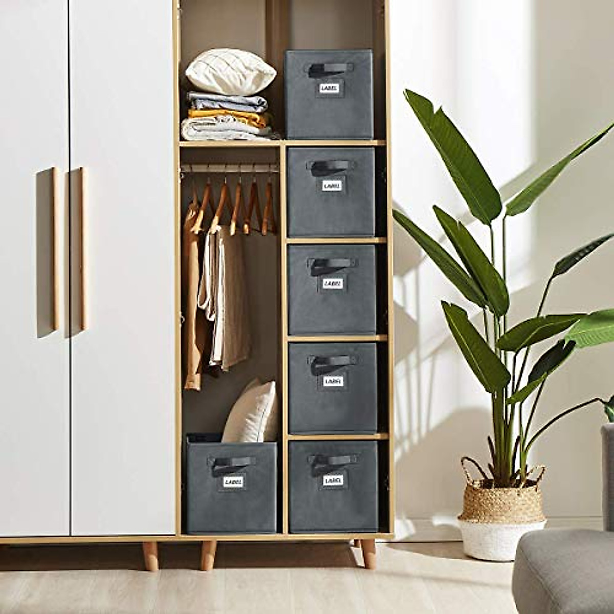 YOUDENOVA Cube Storage Bins with Label, 11 Inches Fabric Cubby Storage Bins for Cubes Organizer, Closet Organizers Bins,Pack of 6, Grey