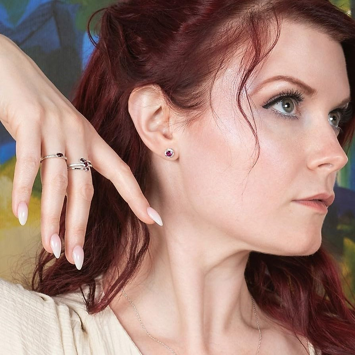 10K White Gold 1/5 CTTW Triple Lab Grown Ruby & 1/10 CTTW Genuine Diamond Art Deco Ring (H-I Color, I1-I2 Clarity) - Size 7