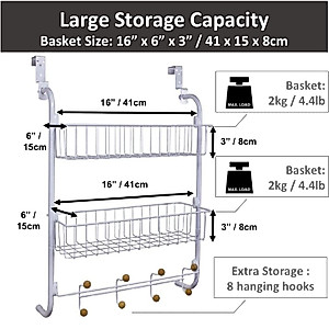Over Door Organizer Wall Mounted Sturdy 2-tier Bathroom Storage Baskets with 8pcs Towel Wood Hooks Decor Pantry Kitchen Spice Back Hanging Metal Rack Closet Shelving Organizers , 17.5" (W) X 25" (H)