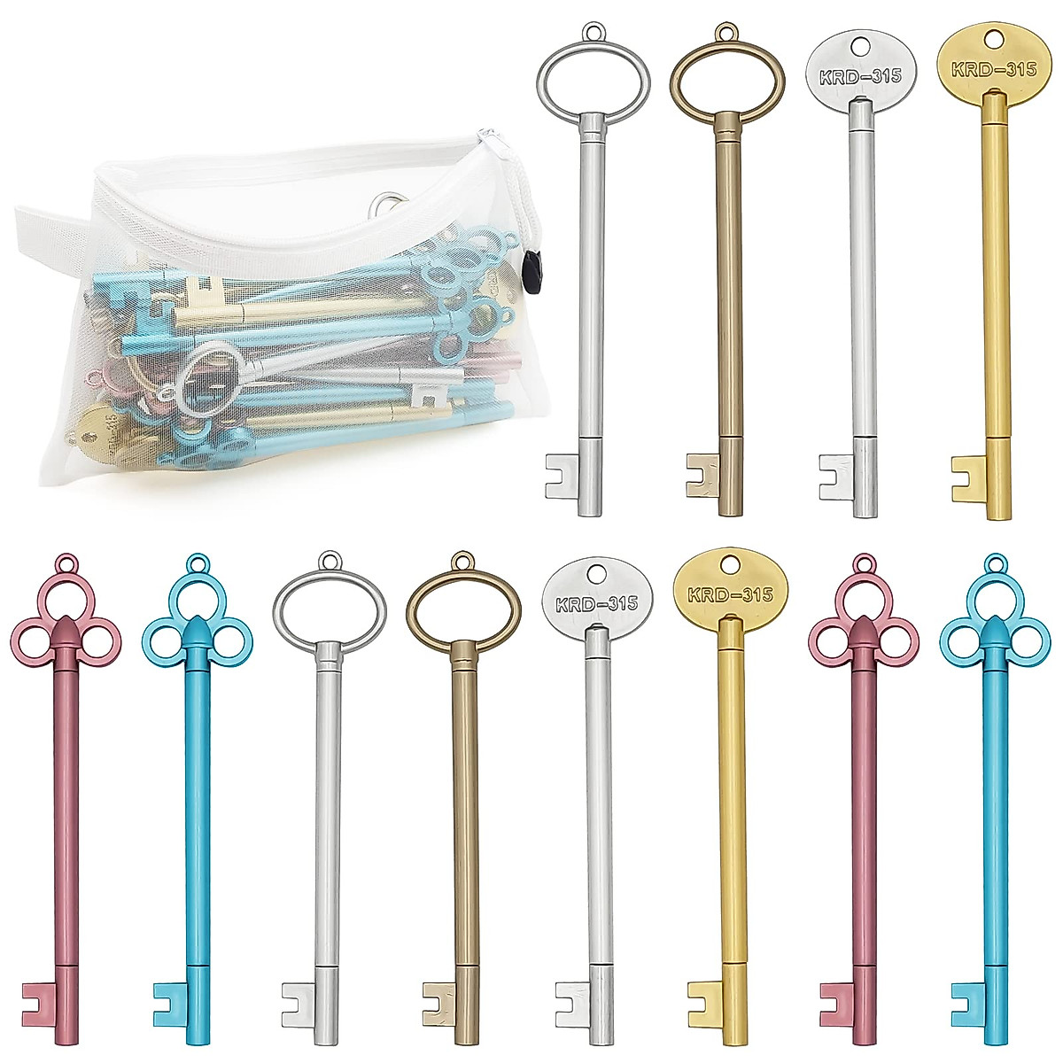 30 Pieces Cute Key Shape Pen Vintage Key Gel Ink Pens Mini Fancy Novelty Pens Retro Black Fine Ballpoint Point Pen with Mesh Pencil Bag Zipper Pouch for Office Stationary School Party Supplies