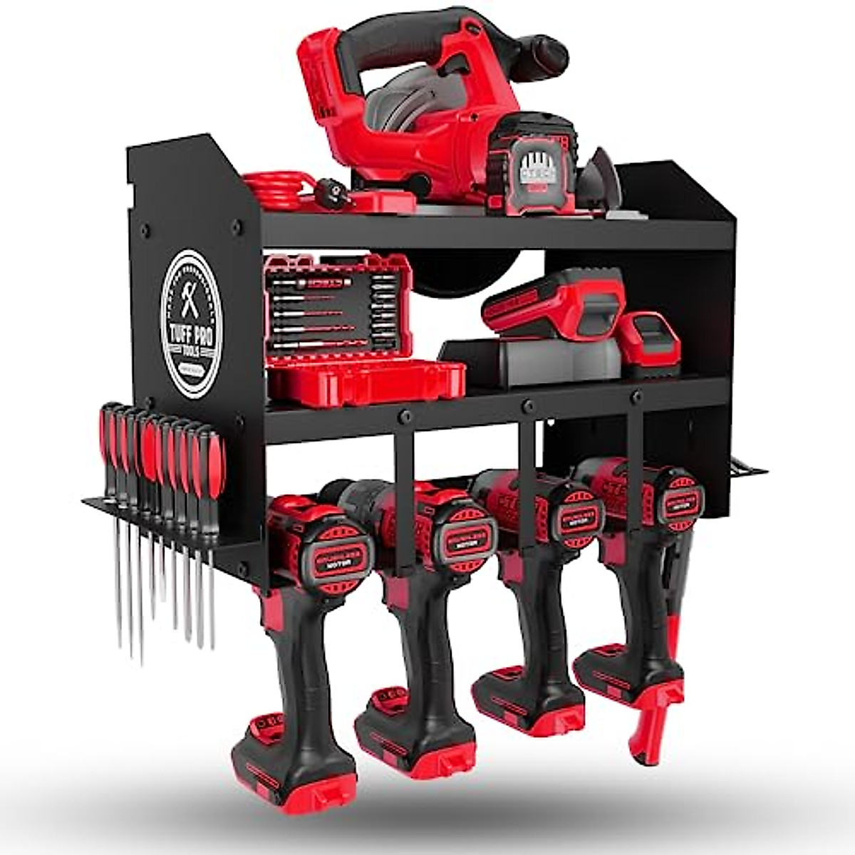 Tuff Pro Tools Garage Power Tool Organizer Wall Mount - Adjustable, Heavy-Duty, and Rust-Resistant Storage Rack for Cordless Tools - Wall Tool Organizer and Storage with Circle Saw Holder Included