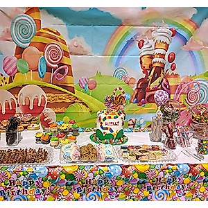 FZR Legend Sweet Candy Lollipop Plastic Tablecloth for Candyland Themed Birthday Party Baby Shower Decoration,Rectangle Disposable Table Cover - 52 x 90 inches