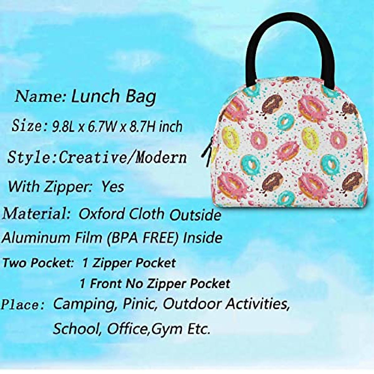 ZzWwR Cute Colorful Splashed Donuts Reusable Lunch Tote Bag with Front Pocket Zipper Closure Insulated Cooler Container Bag for Man Women Work Picnic Travel Beach Fishing
