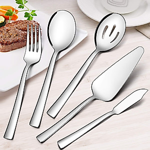 Homikit 5-Piece Silverware Serving Utensils Set, Stainless Steel Square Flatware Hostess Set Include Pie Server Serving Spoons Butter Knife Serving Fork, Dishwasher Safe, Mirror Polished