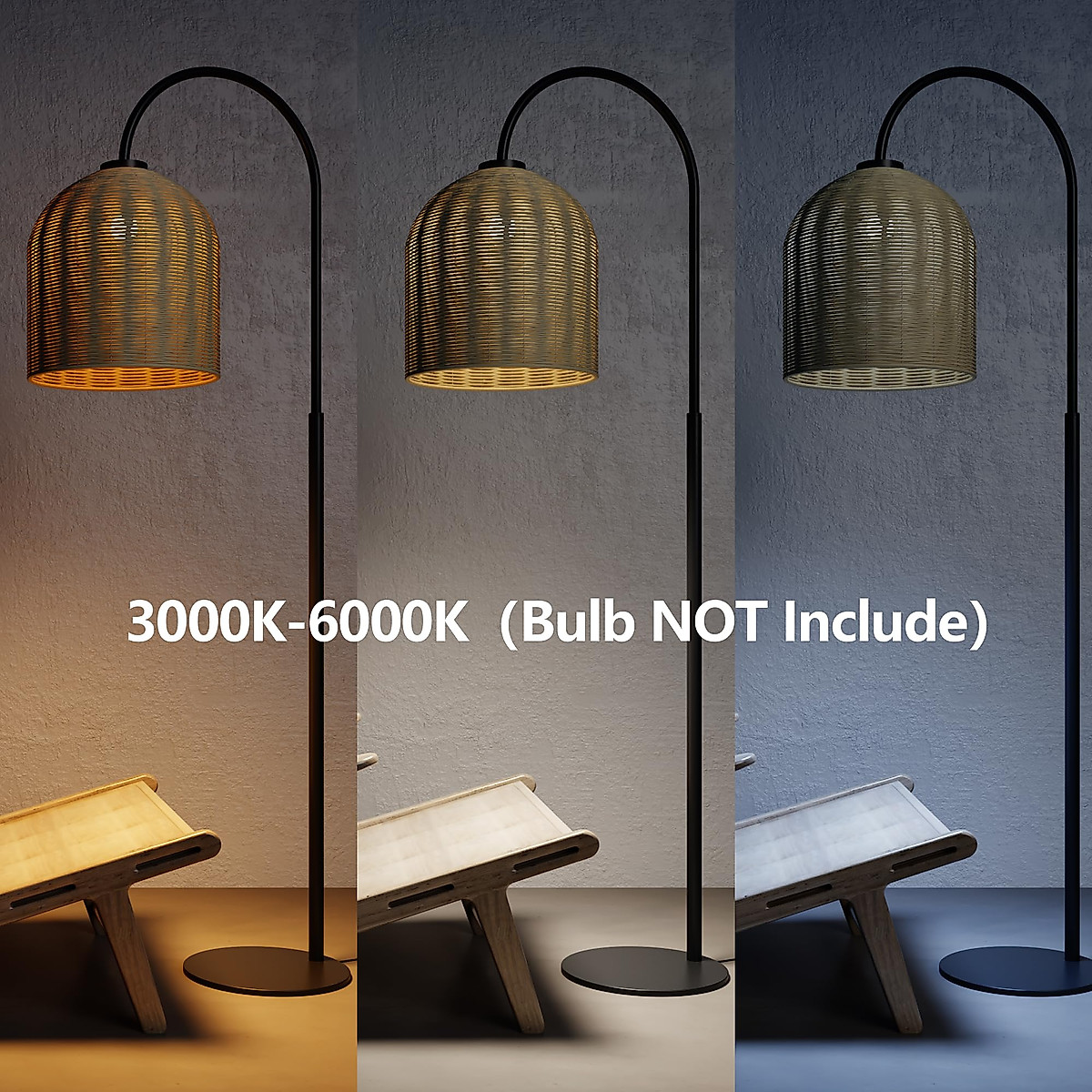 Rattan Floor Lamp, 63in. boho floor lamp with Natural Rattan Shade, Rustic Arc Standing Lamp for Coastal, Beach or Bohemian Style Decor, E26 Socket, On/Off Footswitch Lamp for living room, Bedroom