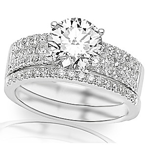 1.58 Carat 14K White Gold Three Row Prong And Middle Row Channel Set Round Diamonds Engagement Ring and Wedding Band Set with a 1 Carat Moissanite Center