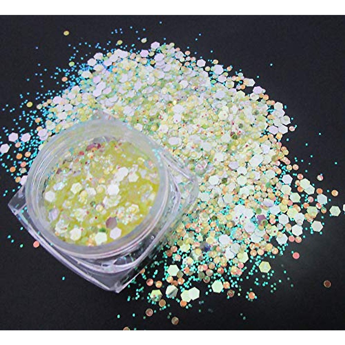 LuckForever 12 Colors Chunky Body Glitters Iridescent White Pink Purple Hexagon Nail Glitters Sequins Flakes Powder for Acrylic Nails Crafts Paints Resin Cosmetics