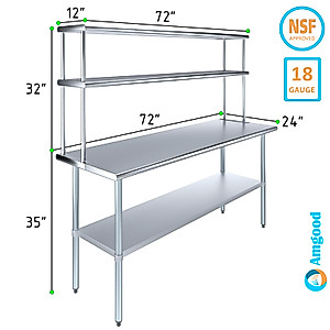 24" x 72" Stainless Steel Work Table with 12" Wide Double Tier Overshelf | Metal Kitchen Prep Table & Shelving Combo