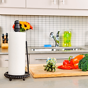 AuldHome Farmhouse Paper Towel Holder (Black); Wooden Beaded Rustic Disposable Towel Dispenser for Countertop