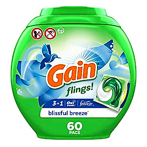 Gain flings! Laundry Detergent Soap Pacs HE Compatible 60 Count Long Lasting Scent Blissful Breeze Scent