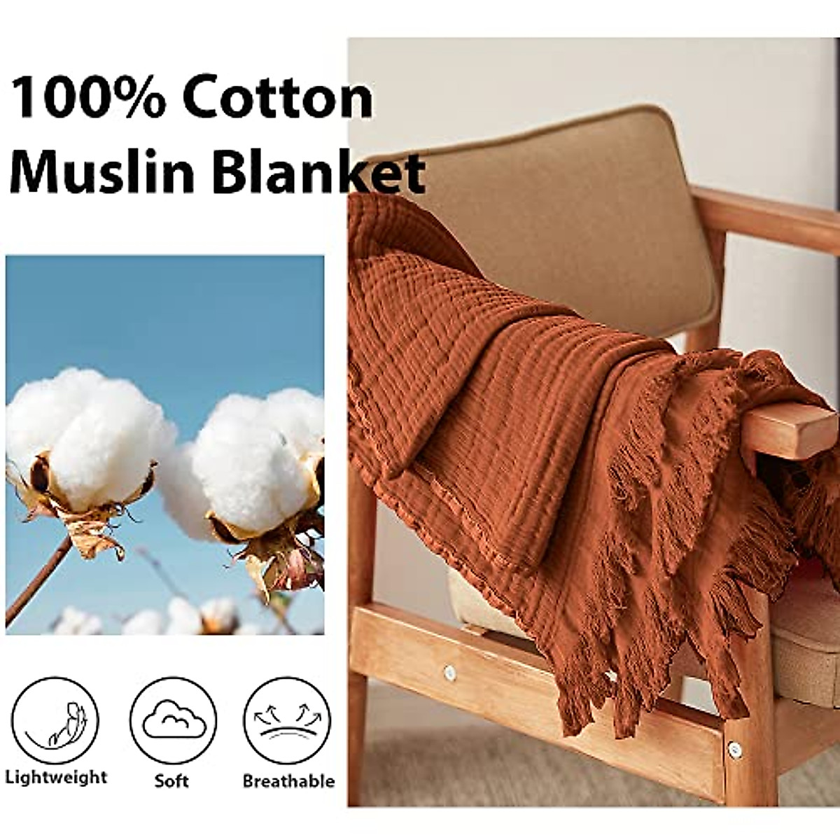 Simple&Opulence Cotton Muslin Throw Blanket for Bed, Couch, Knit Woven Gauze Blanket with Tassels, Soft Lightweight Cozy Pre-Washed Breathable Farmhouse Decoration for All-Season (Rust Orange)