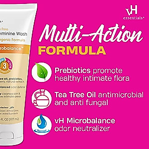 vH essentials Daily Feminine Wash - Fragrance Free, Hypoallergenic with Tea Tree Oil & Prebiotic - For Ph Balance, Intimate Odor Block, Vaginal Health - Gentle Formula Body Care - 6 Fl Oz