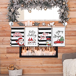 Christmas Kitchen Towels Black White Stripe Hand Towels Xmas Absorbent Dishcloths Winter Holiday Kitchen Decor Snowman Santa Dish Tea Towels Merry Bright Tea Towel for Home Kitchen Supplies 4PCS