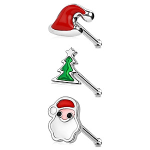 OUFER 3pcs 20G Christmas Nose Rings Pack Surgical Steel Nose Studs Bone Nose Piercing Jewelry Santa Claus Women Men Gifts