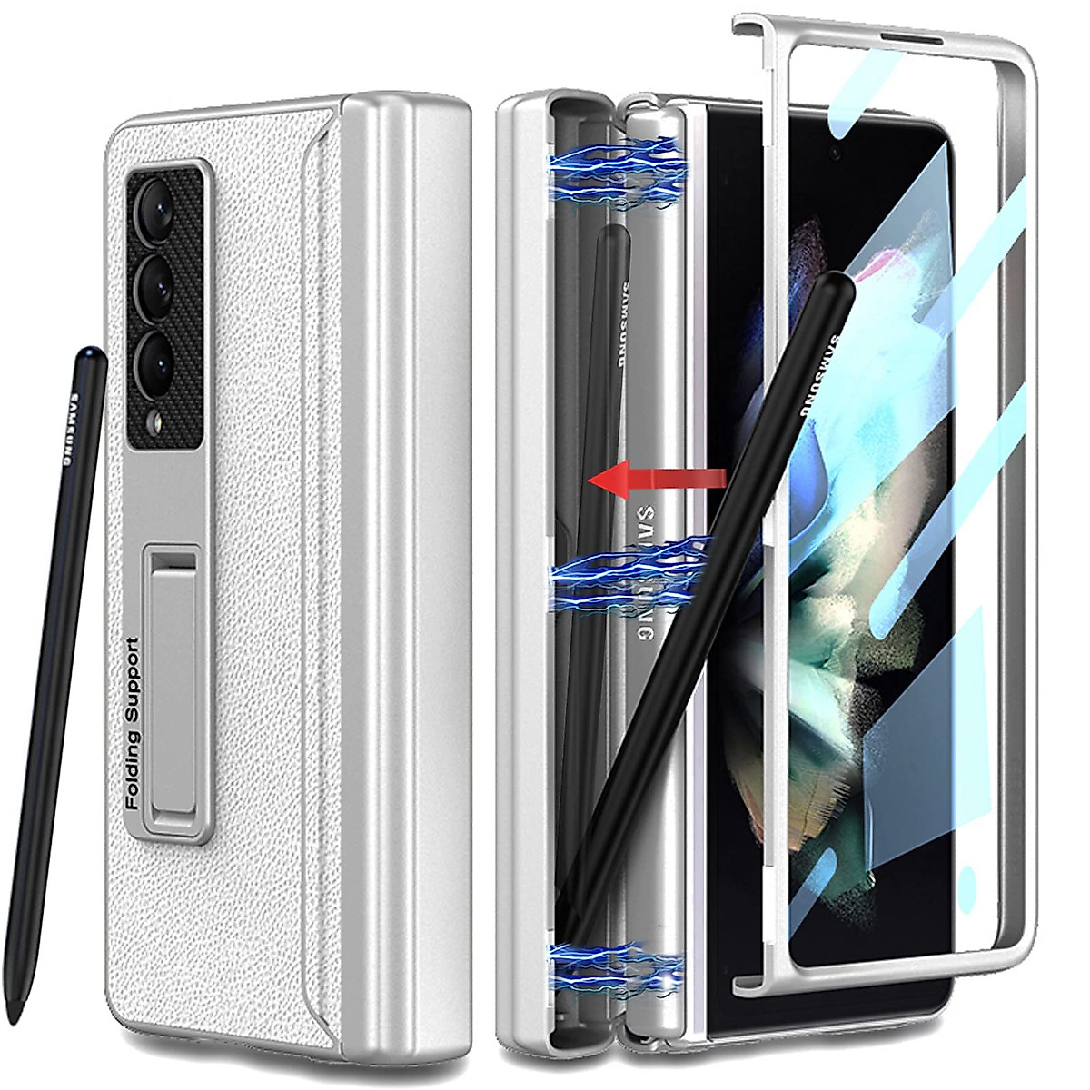 COCOING for Samsung Galaxy Z Fold 3 Case with Pen Holder,Hinged Cover Built-in with Pen Slot,with Screen Protector&Adjustable Bracket,Leather Cover Case for Galaxy Z Fold 3 (Silver)