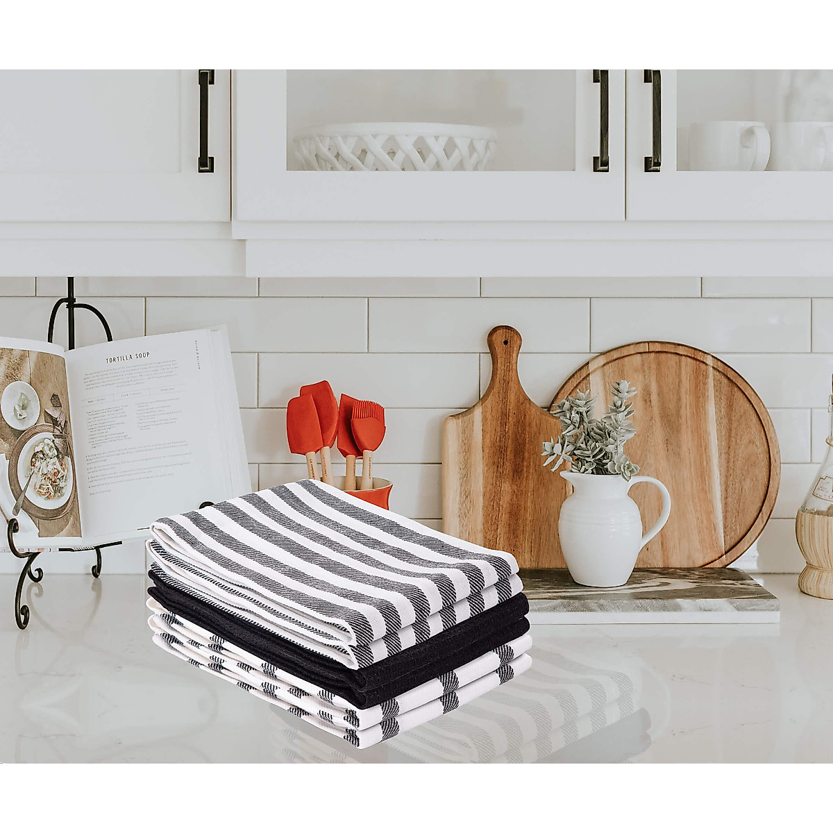 Black Kitchen Towels - Linen Dish Towels - Black and White Striped Kitchen Towels - Farmhouse Dish Towels - Black Cotton Dish Towels Machine Washable, Linen Collection Bar Dish Towels 6 Pack, 16X27