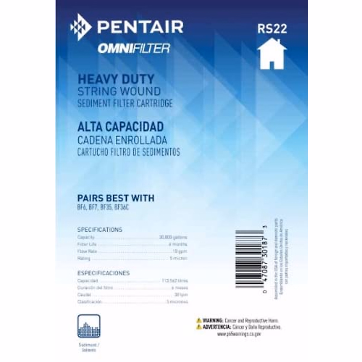 Pentair OMNIFilter RS22 Sediment Water Filter, 10-Inch, Whole House Heavy Duty String Wound Replacement Cartridge, 10" x 4.5", 5 Micron, White