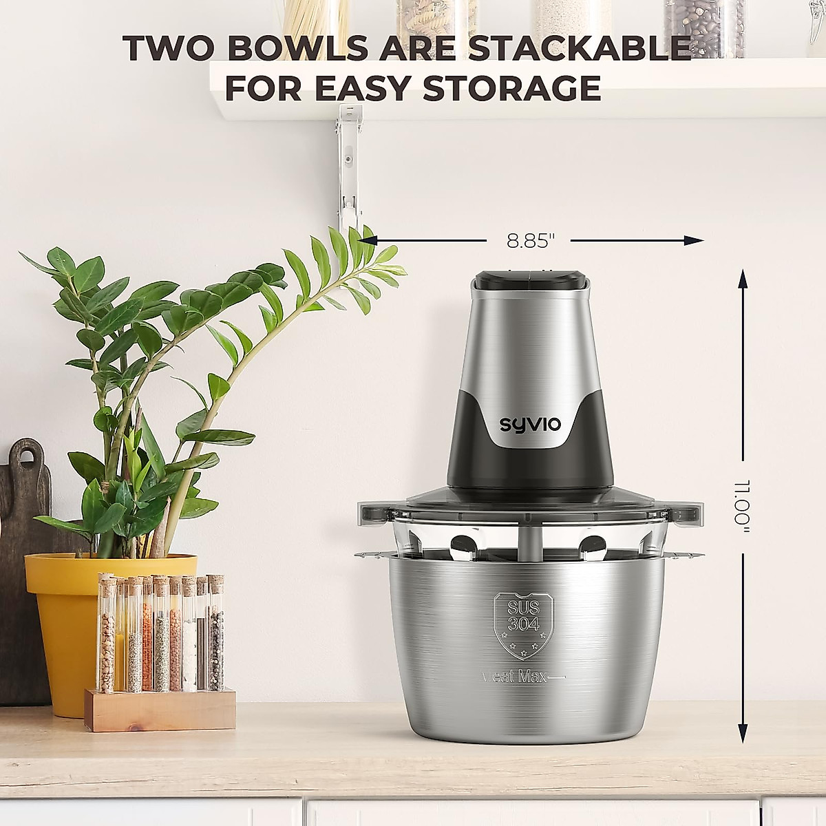 Syvio Food Processors with 2 Bowls, Meat Grinder 4 Bi-Level Blades, Mini Electric Food Chopper 400W, for Baby Food, Meat, Onion, Vegetables, 2 Speed, 8 Cup and 5 Cup