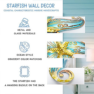 POXOHO Metal Starfish Wall Decor, Sea Life Coastal Decorations 12 inch Starfish Wall Art, Nautical Home Decoration Handing Ocean Beach Wall Art for Garden,Fence,Home,Patio,Kitchen,Bathroom,(Blue)