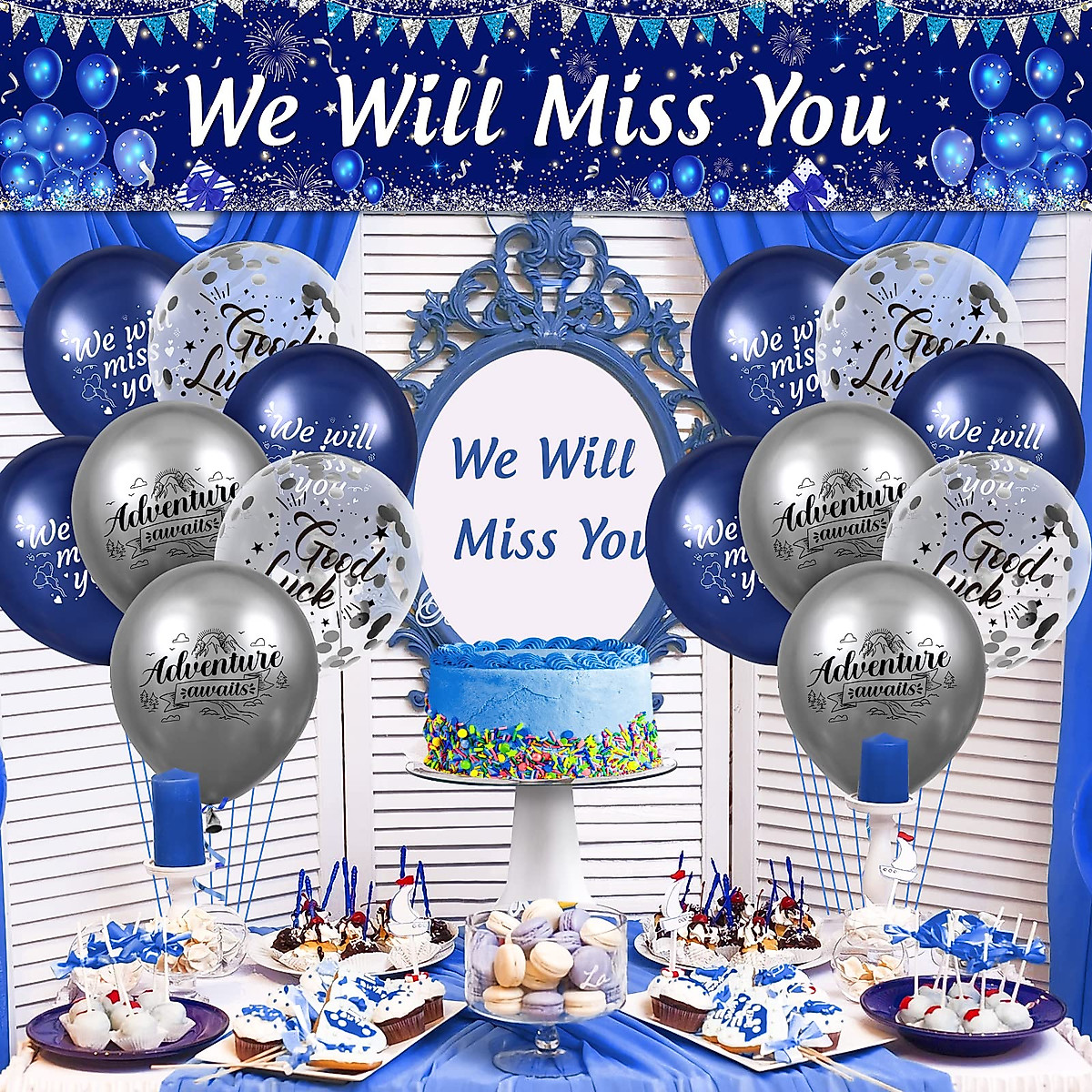 Blue We Will Miss You Party Decorations Navy Blue Silver We Will Miss You Banner and 18Pcs Good Luck We Will Miss You Balloons for Farewell Going Away Retirement Graduation Goodbye Party