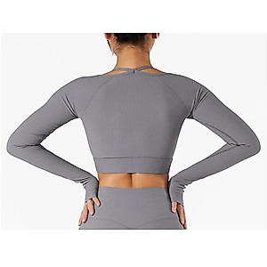 Women Long Sleeves Workout Sportswear, Neck Wider Hem High Waist Fingertip Quick Drying Yoga Sports Top(M-Gray)