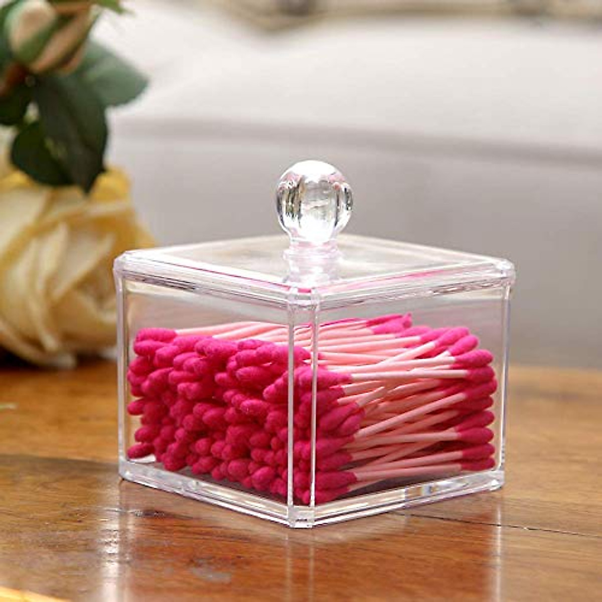 PuTwo Makeup Organizer Bathroom Storage Cotton Buds Dispenzer Cotton Swabs Holder with Lid - Square