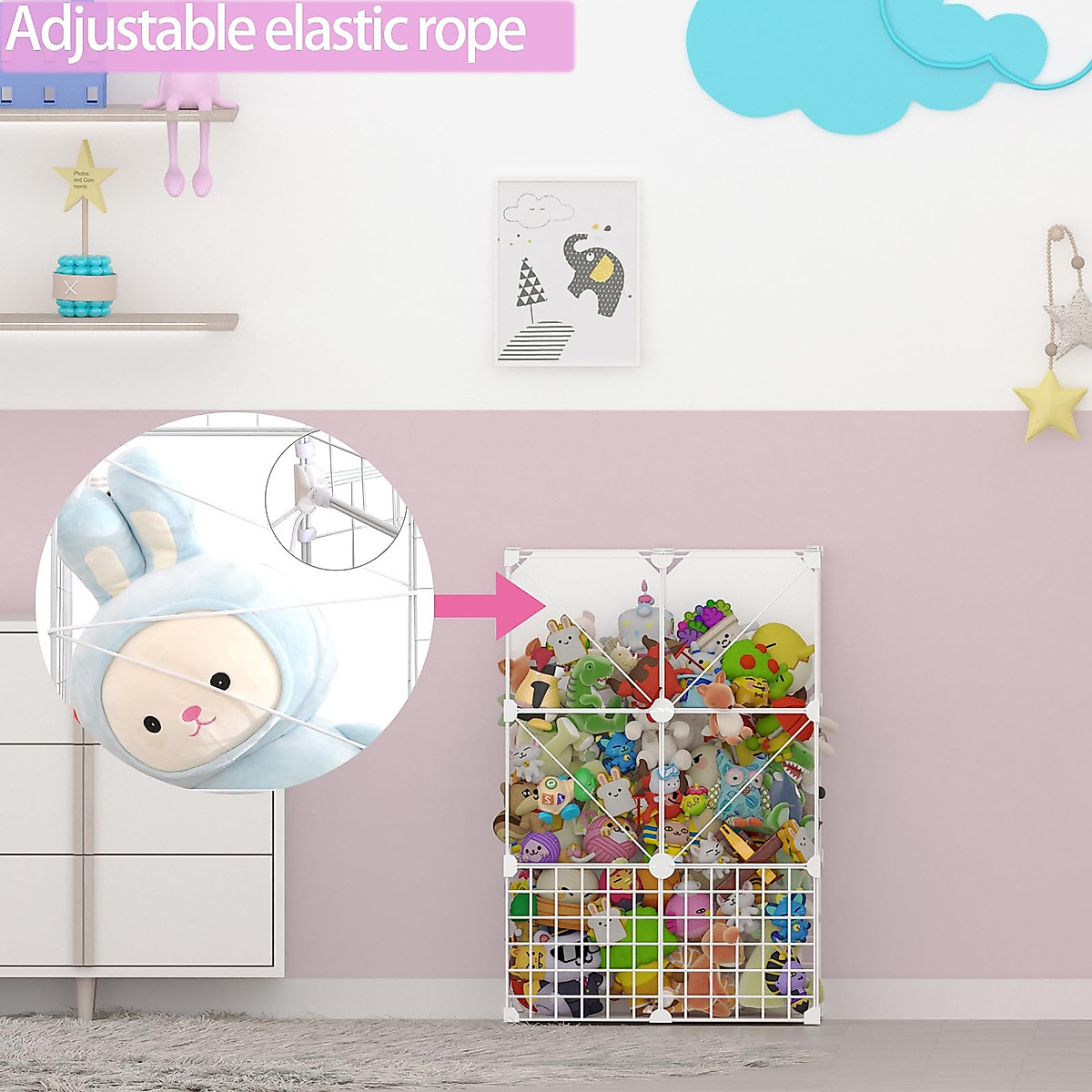 Aougiley Stuffed Animal Storage Box, Square Metal Organizer Holder with Adjustable Cord for Kids, L23.6 * W23.6 * H23.6 inches