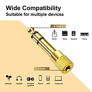 VCE 1/4 to 3.5mm Adapter 6-Pack, 1/4 to 1/8 Adapter with Gold-Plated Connectors for Headphones, Amps, and Guitars, Long-Lasting All-Metal Construction 1/8 Female to 1/4 Male Adapter, Non-Slip Design