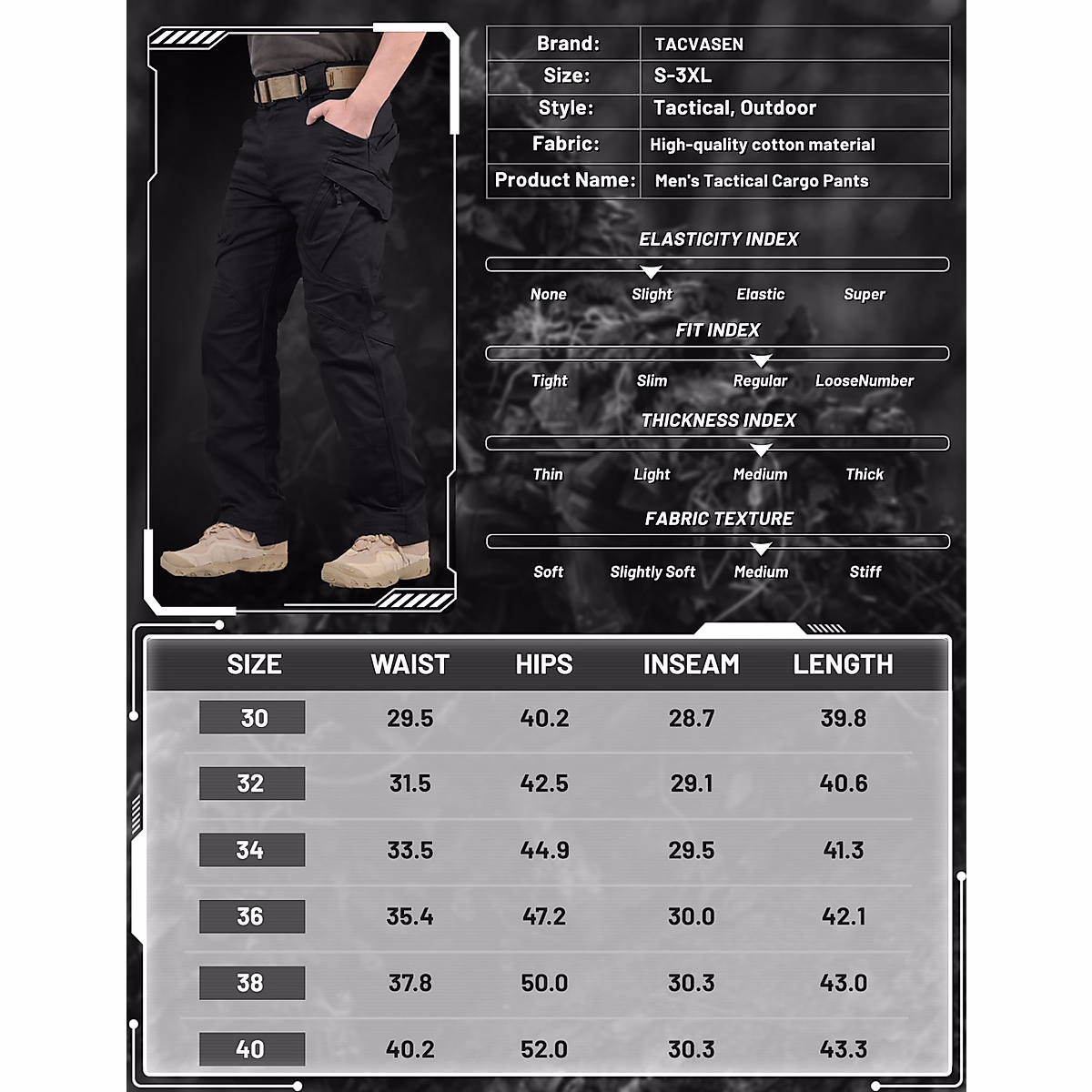 TACVASEN Mens Hiking Pants Lightweight Cotton Tactical Pants Stretch Military Cargo Pants 9 Pockets Work Pants Comfortable Workout Pants Combat Black 32