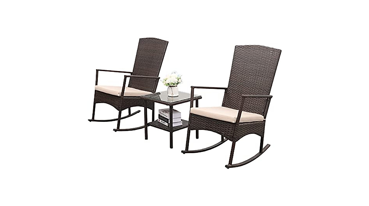 Outdoor Wicker Rocking Chair Bistro Set - 3-Pc Patio Comfort