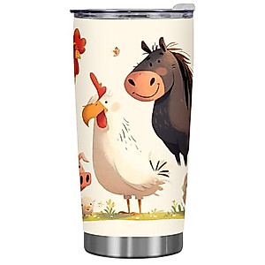 QWEUIOP 20oz Insulated Travel Coffee Mug Retro Pig Chicken Sheep Animal Pattern Stainless Steel Tumbler with Lid Double Wall Vacuum Coffee Cup For Hot and Cold Drinks13983