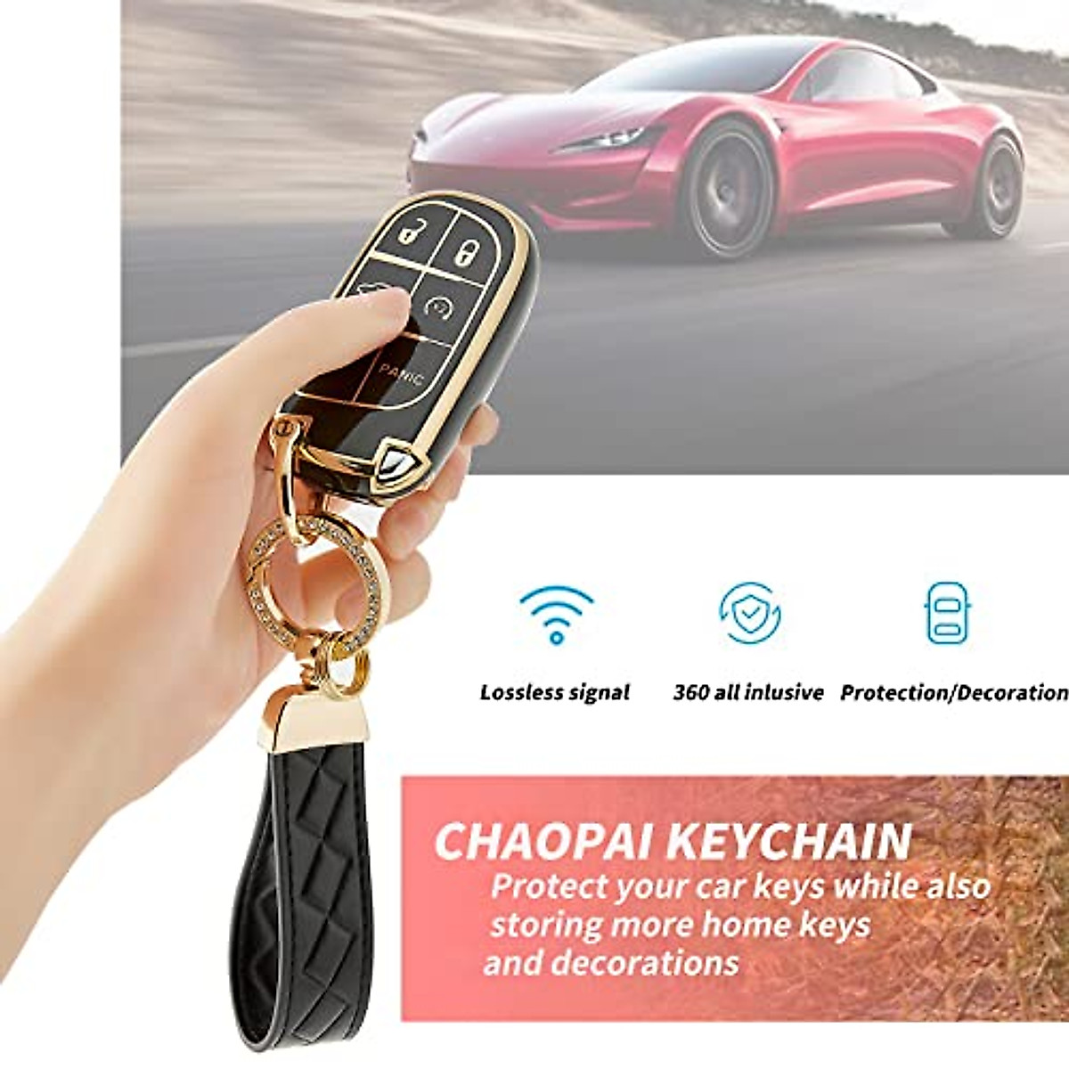 AKIYHIEI for Jeep Key Fob Cover, Soft TPU Full Cover Protection Key Case for Grand Cherokee Renegade Chrysler 200 300 Dodge RAM Durango Challenger Journey Smart Key (Black)