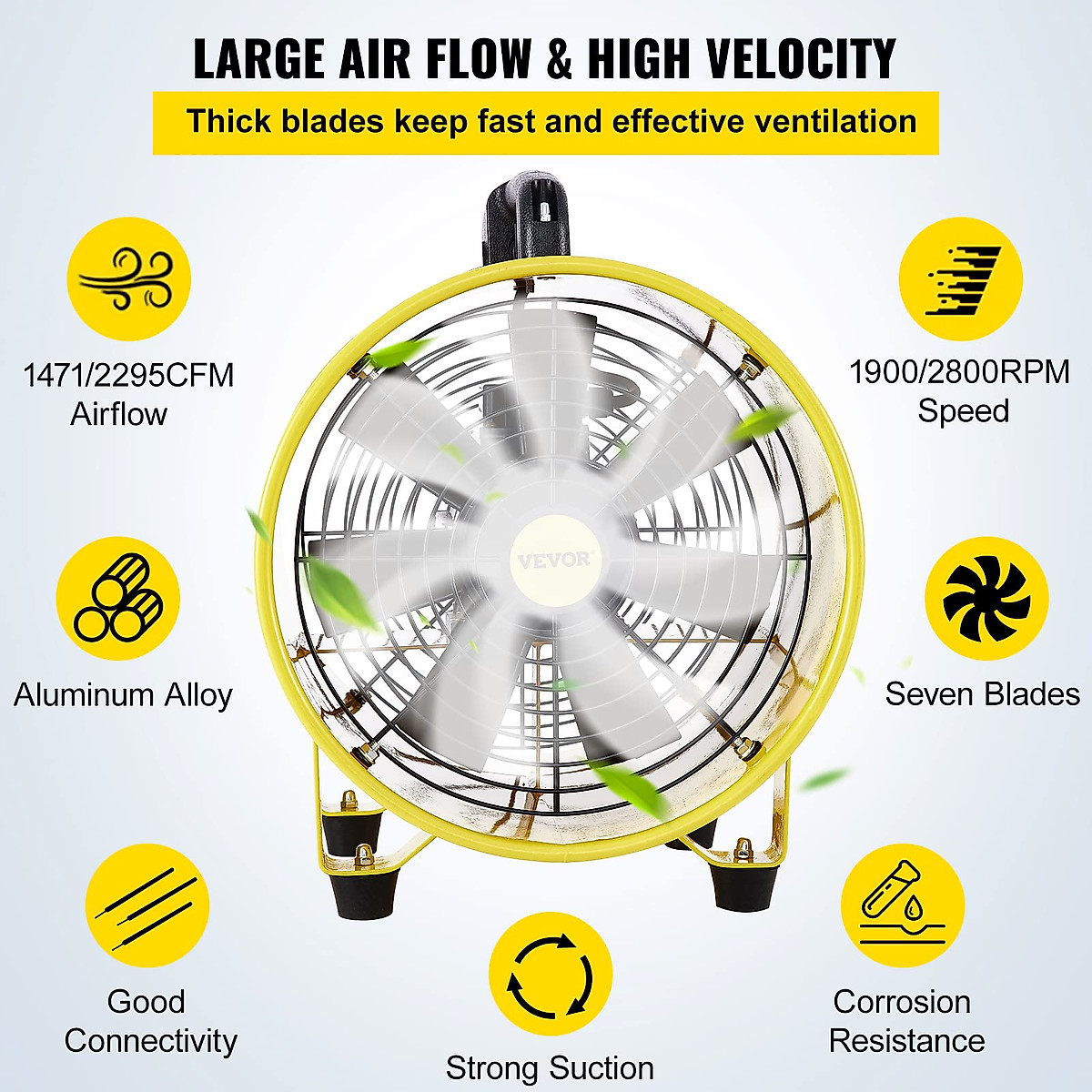 VEVOR Utility Blower Fan, 12inch Portable Ventilator 3900m³/h 1900rpm 2800rpm High Velocity Two-Speed Cylinder Fan 520W Utility Blower with 5m Duct Hose, 110V