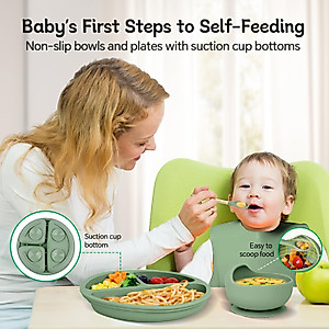 SHGMEET Silicone Baby Feeding Set, Baby Feeding Essentials, Baby Suction Bowl, Plates, Bib, Spoons set, Baby Led Weaning Supplies to Develop Self-feeding Skills, Dishwasher Safe (Green)