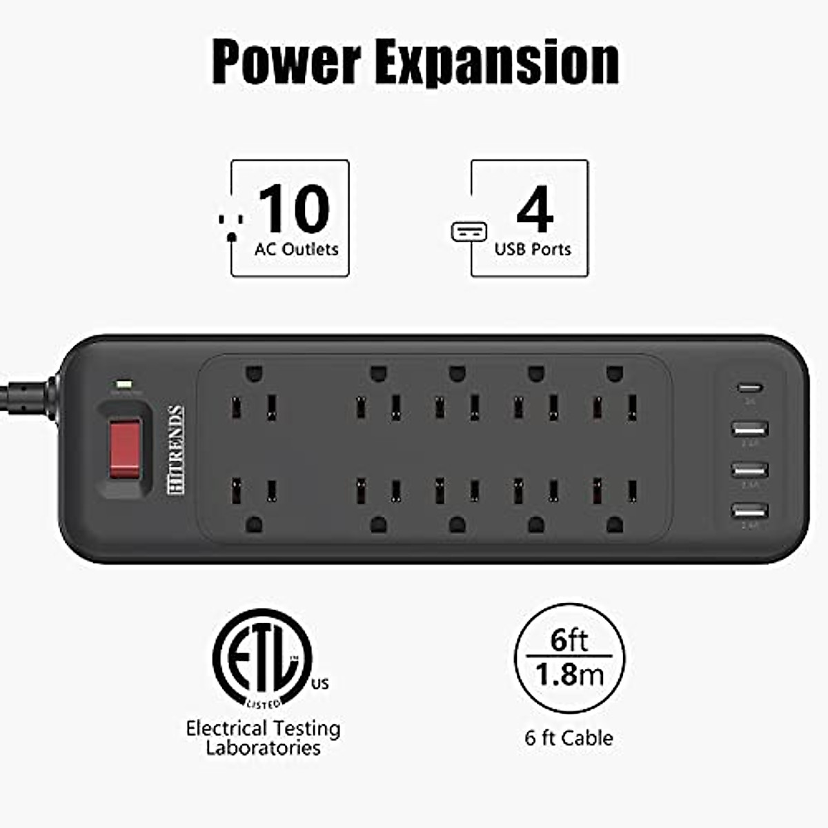 Power Strip, HITRENDS Surge Protector with 10 Outlets and 3 USB Ports (5V/2.4A) & 1 USB-C Port (5V/3A), 1875W/15A, 3600 Joules, Flat Plug, Spaced Outlets with 6ft Extension Cord for Home Office