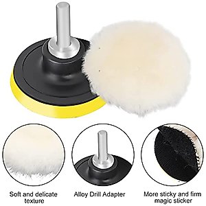 7 PCS 3 Inch Wool Polishing Buffing Pad, Polishing Buffing Wheel with Hook and Loop Back for Drill Buffer Attachment with M10 Drill Adapter Car Buffer Polisher Kit for Car Polishing, Waxing, and More