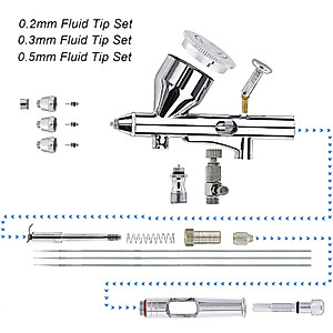Pinkiou Double Action Airbrush Kit Air Brush Spray Gun with 0.3mm/0.2mm/0.5mm Needles and Air Hose for Temporary Tattoo Nail Art Car Hobby