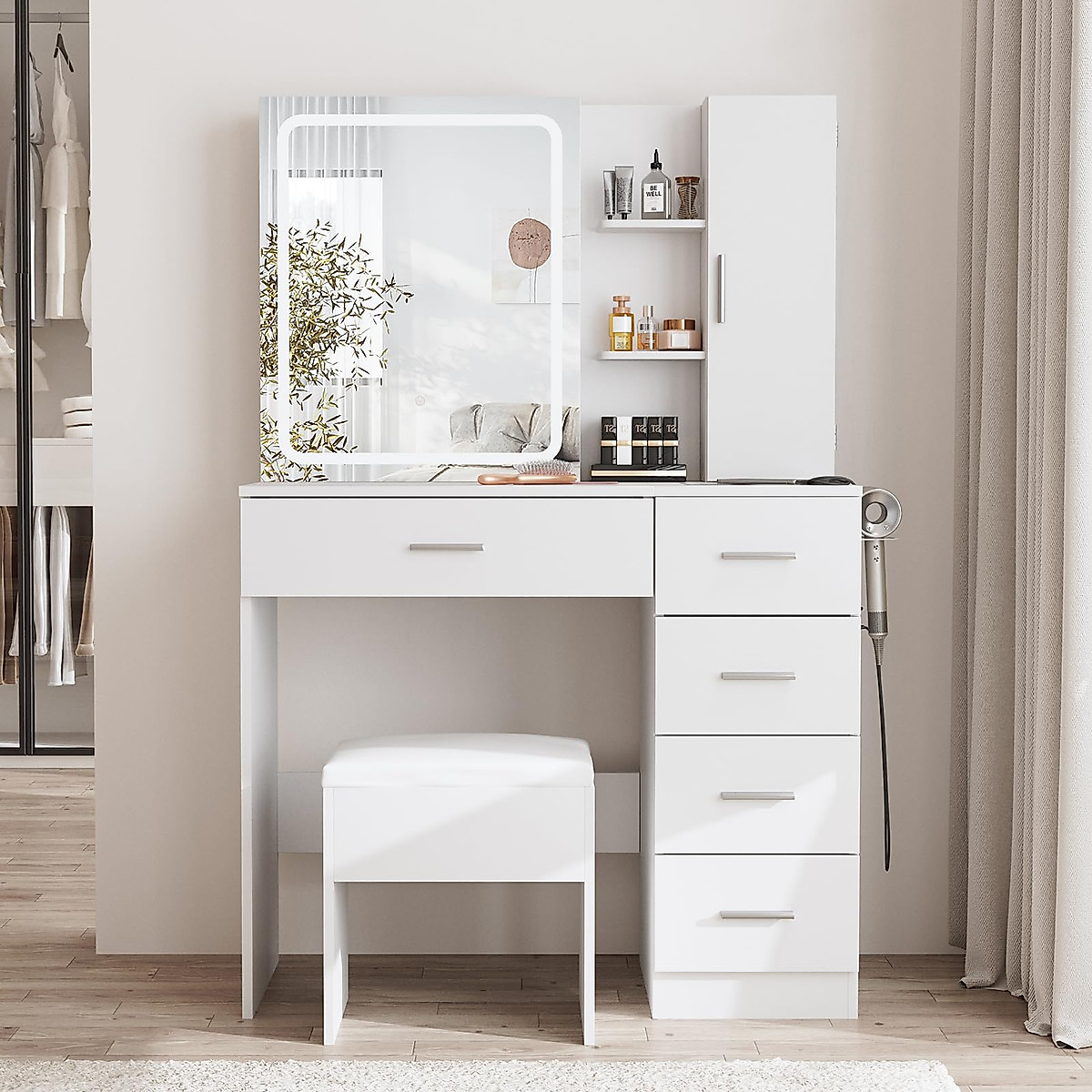 Fameill White Vanity Desk with Mirror and Lights,Makeup Vanity Table Set with Power Strip and Sliding Locker,Visual Drawer Makeup Desk with 5 Drawers&Shelves&Cabinet,3 Lighting Modes