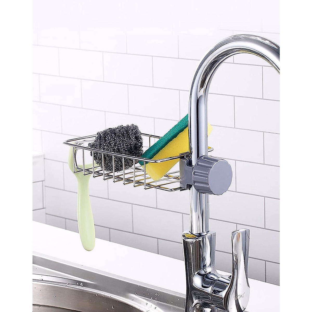Kitchen Sink Caddy Organizer Over Faucet Sponge Holder, Stainless Steel Heavy Duty Thickening Hanging Faucet Drain Rack for Scrubbers, Soap, Bathroom, Detachable No Suction Cup or Magnet (Faucet Rack)