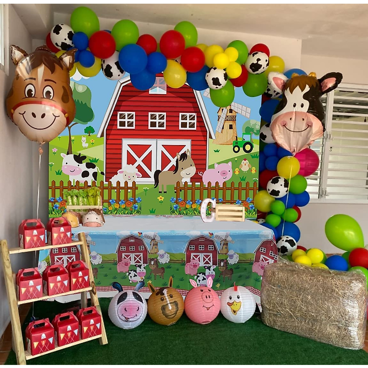 Farm Animals Theme Party Decorations,Farm Animals Barn Door Backdrop and Tablecloth for Children Baby Shower Birthday Party Supplies Banner (5x3ft)