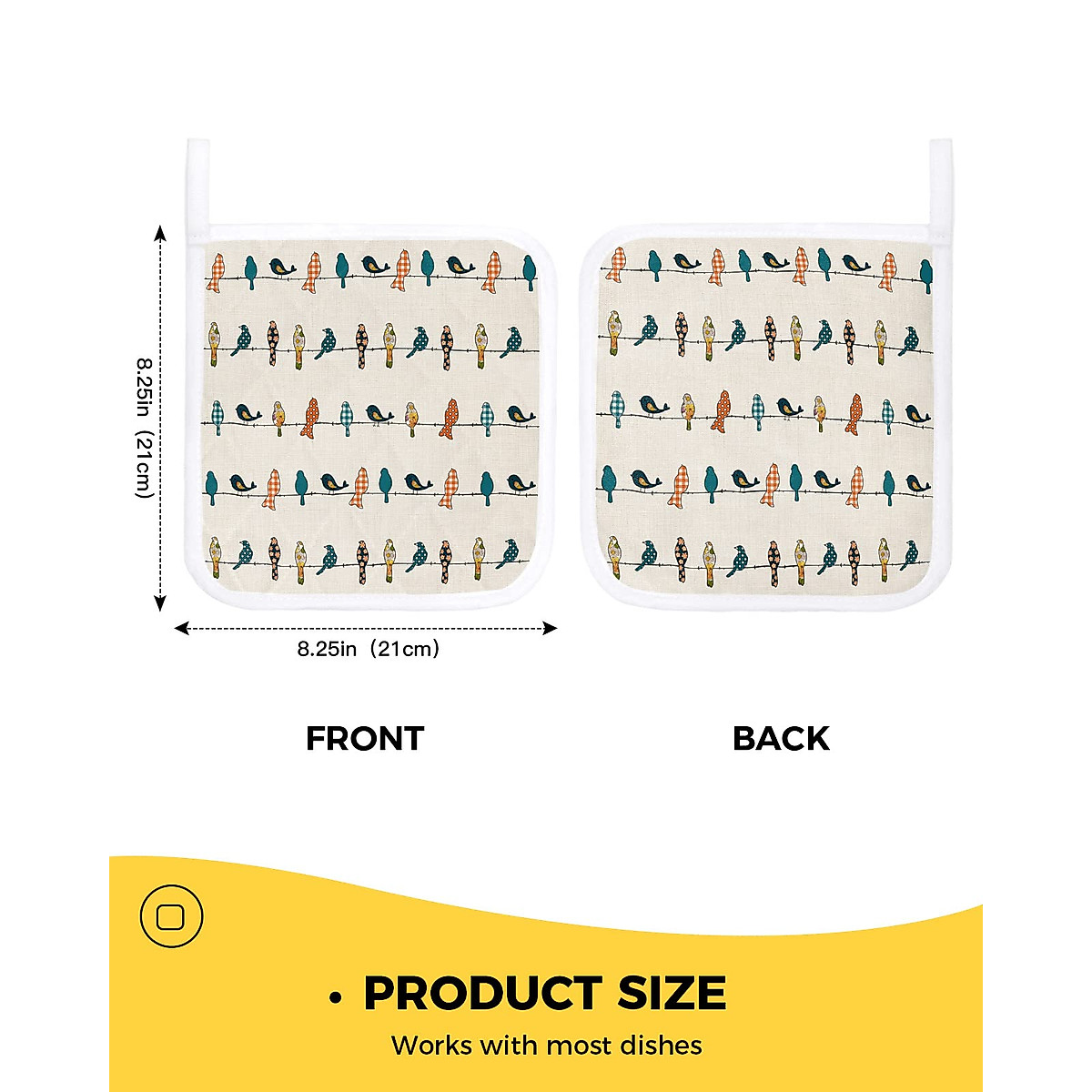 2 Pack Pot Holders for Kitchen, Orange Teal Plaid Heat Insulation Pot Holders Sets, Farmhouse Turquoise Spring Floral Birds Oven Hot Pads for Baking Cooking, 8.25x8.25 in