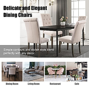 DEINPPA Aristocratic Style Dining Chair Set with Solid Wood and Linen Tufted for Dining Room. (Beige, Set of 4)