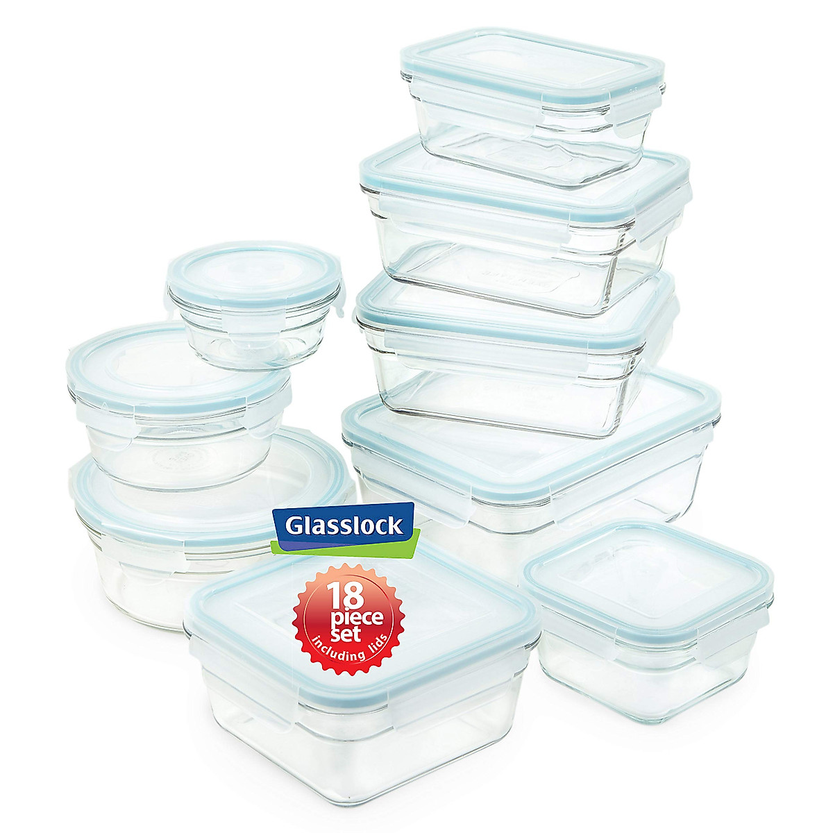 Snaplock Lid Tempered Glasslock Storage Container Airtight 18pc Set Anti Spill Microwave & Oven Safe BPA Free