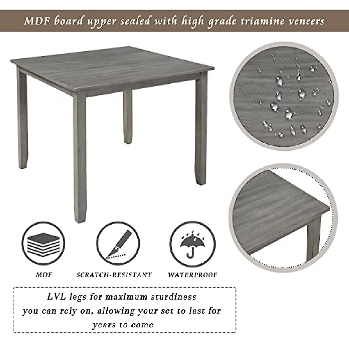 P PURLOVE 5 Piece Farmhouse Style Dining Table Set Rustic Wood Kitchen Table and 4 Chairs for 4 Persons, Wooden Dining Set for Kitchen Dining Room,Gray