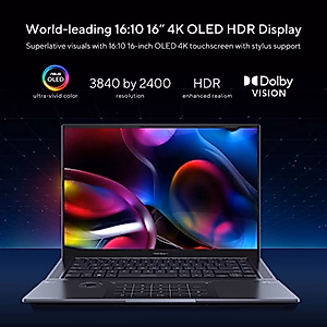 ASUS Zenbook Pro 16X OLED 16" 4K OLED 16:10 Touch Display, Dial, Intel i7-12700H CPU, GeForce RTX 3060 Graphics, 16GB RAM, 1TB SSD, Windows 11 Home, Tech Black, UX7602ZM-DB74T